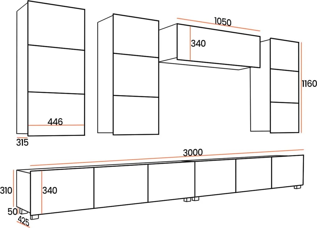 GAB Obývací stěna LORONA 11, Bílá 300 cm