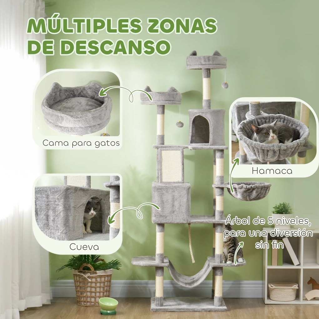 PawHut Kočičí škrabadlo Vysoké 206 cm - Strom pro kočky s plošinami, norami, visícími míčky a houpacími sítěmi, Světle šedá