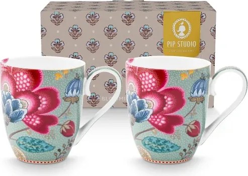 Pip Studio Blooming Tales sada 2ks XL hrnků 440 ml, modrá (Sada 2ks květinových hrnků v dárkové krabičce)
