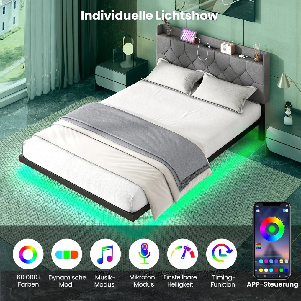 Costway Rám plovoucí postele s LED světly Moderní plošinová s nastavitelným