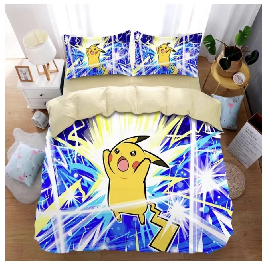 3-dílné ložní povlečení Pokémon - Pikachu 3D (200 x 230 cm a 2x povlak na polštář 50 x 75 cm) Motiv: 19 - modré blesky a Pikachu