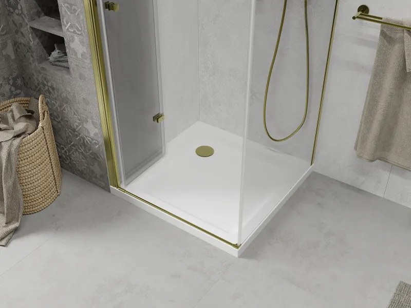Mexen Lima sprchový kout se skládacími dveřmi 100 x 100 cm, 6mm čiré sklo, zlatý profil + sprchová vanička Slim, 856-100-100-50-00-4010