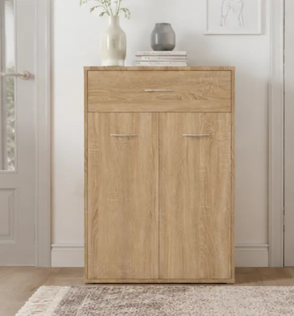 skříňka na boty, botník, 1 zásuvka, 2 dvířka, dřevo, 85x61x36 cm, dub sonoma, Dekorino BB20260062