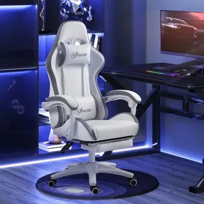 Herní židle Vinsetto ergonomická s opěradlem naklápěným do 135° a bederní opěrkou, 65 x 121-129 cm, bílá