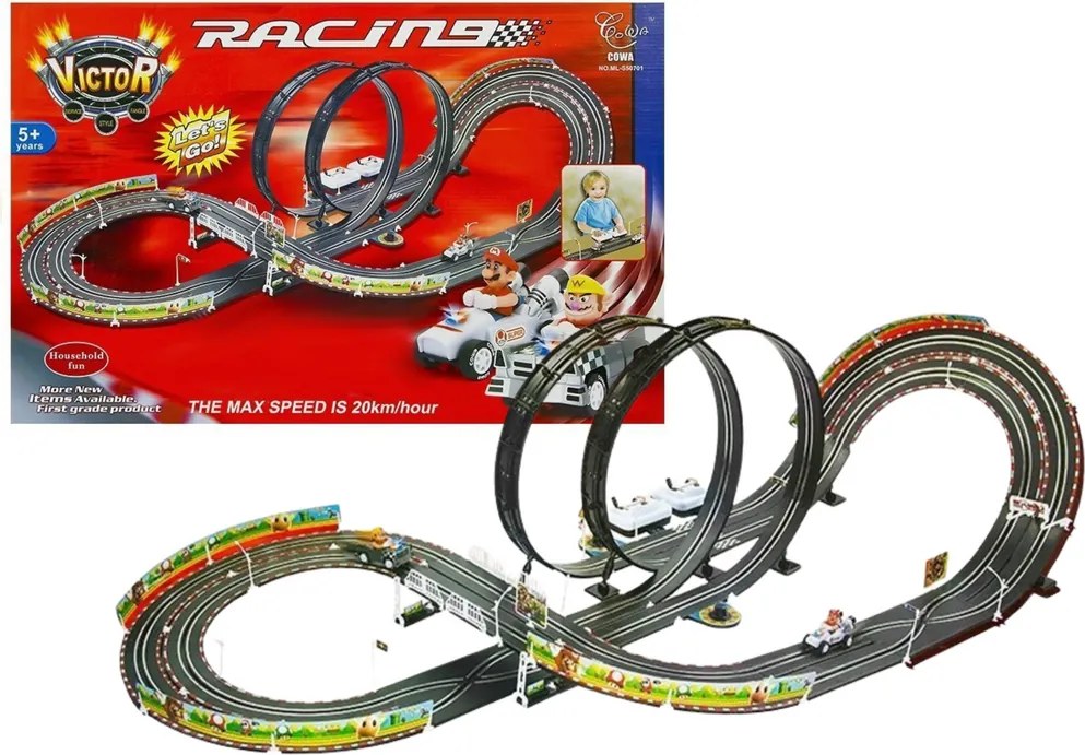 LEAN Toys Autodráha + 2 autíčka Mario RC, 452 cm, 20 km/h