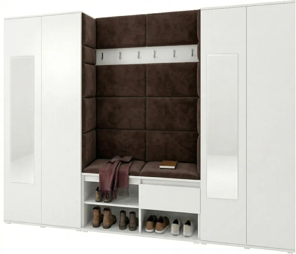 Předsíňová stěna Trinity 10 s čalouněnými panely, 280 cm, bílá / tmavě hnědá