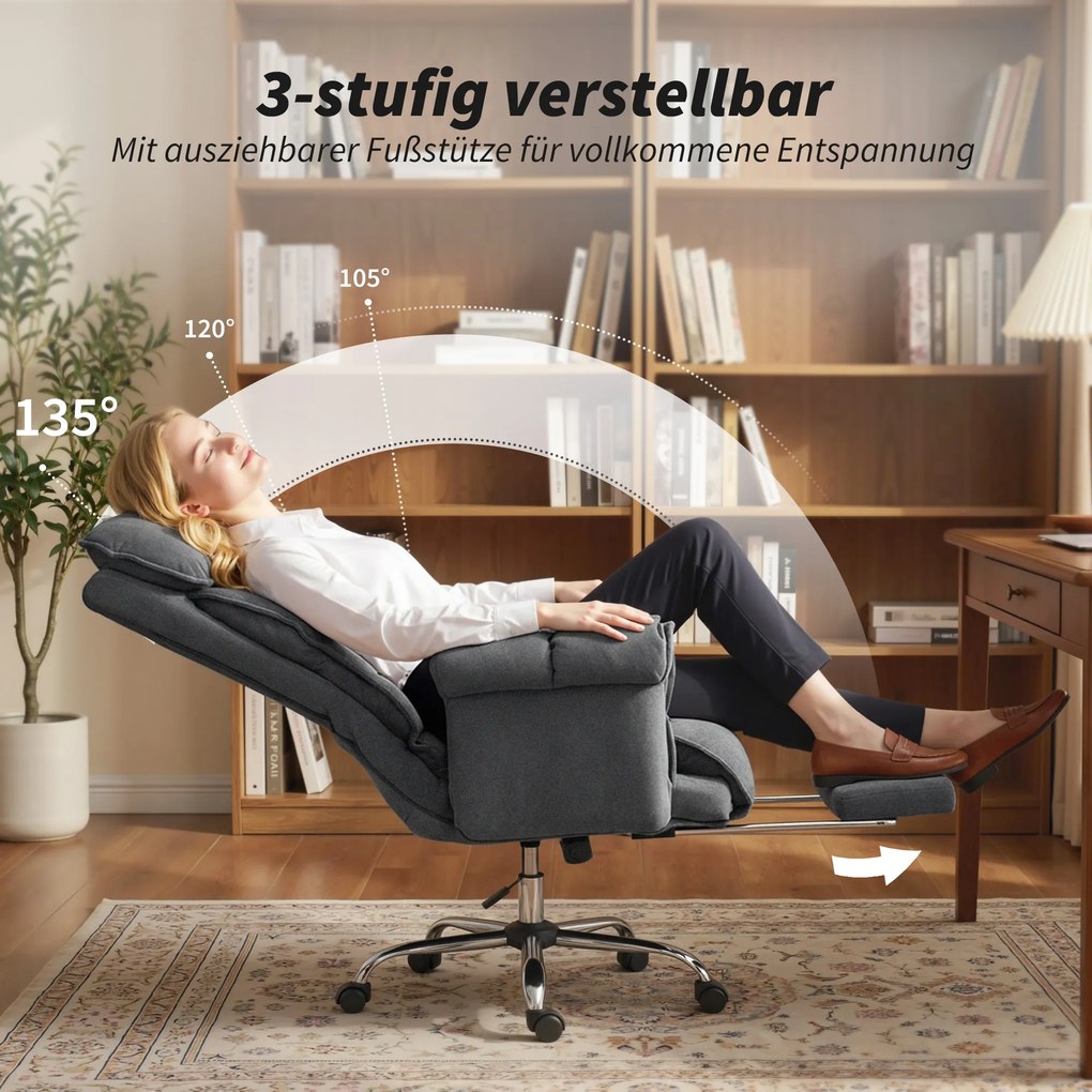 Ergonomická kancelářská židle HOMCOM s bederní oporou, výsuvnou opěrkou nohou a 360° otočným mechanismem — polární fleece, tmavě šedá