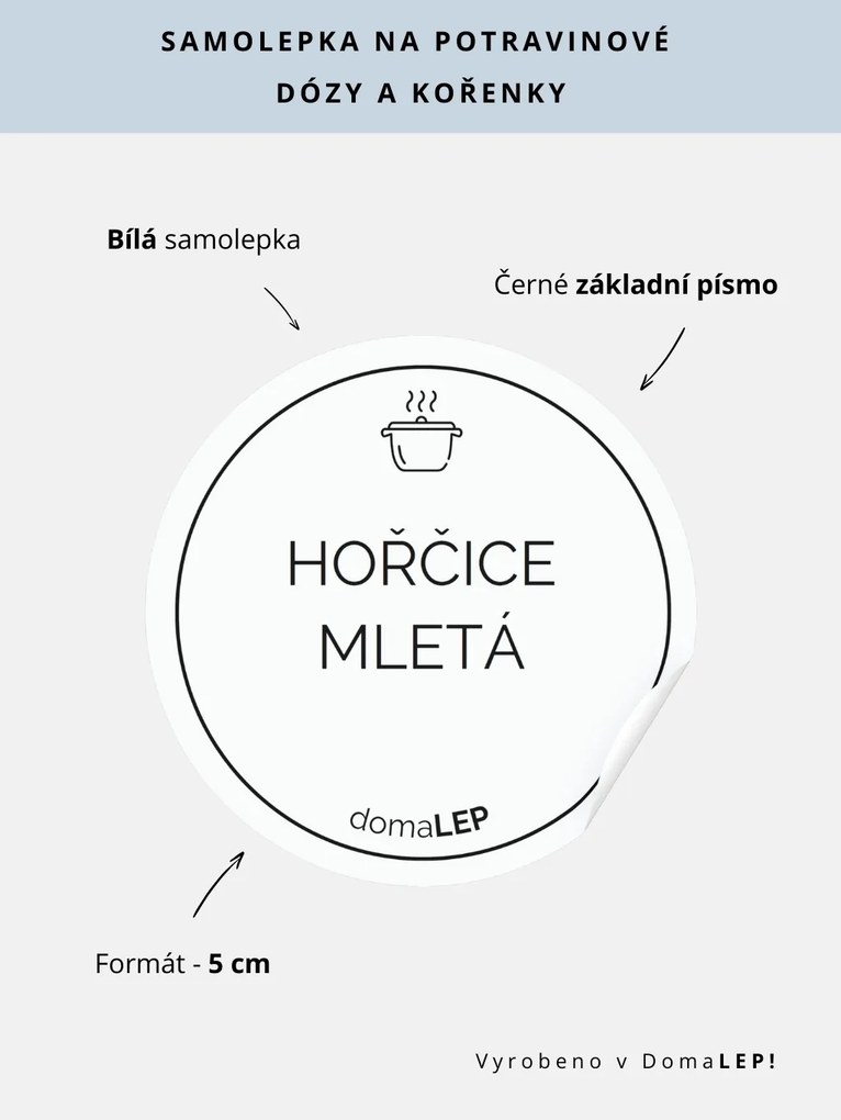Samolepka na kořenky HOŘČICE MLETÁ bílá 5 cm základní písmo
