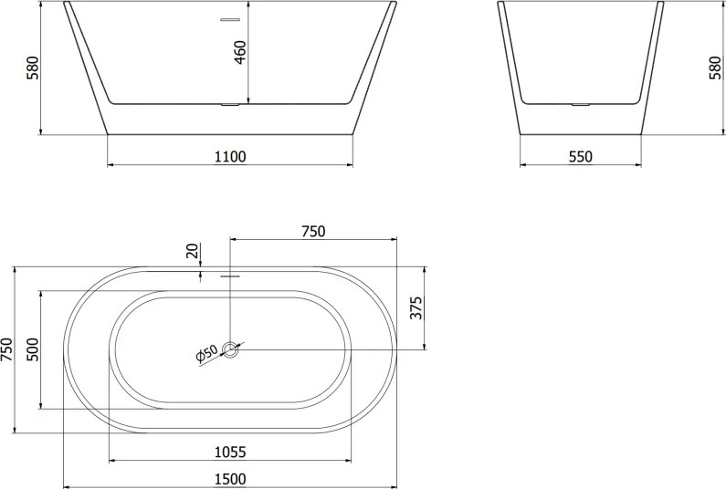 Mexen Flavia, volně stojící vana 150 x 75 cm, bílá-černá, grafitový přepad, 54031507575-66