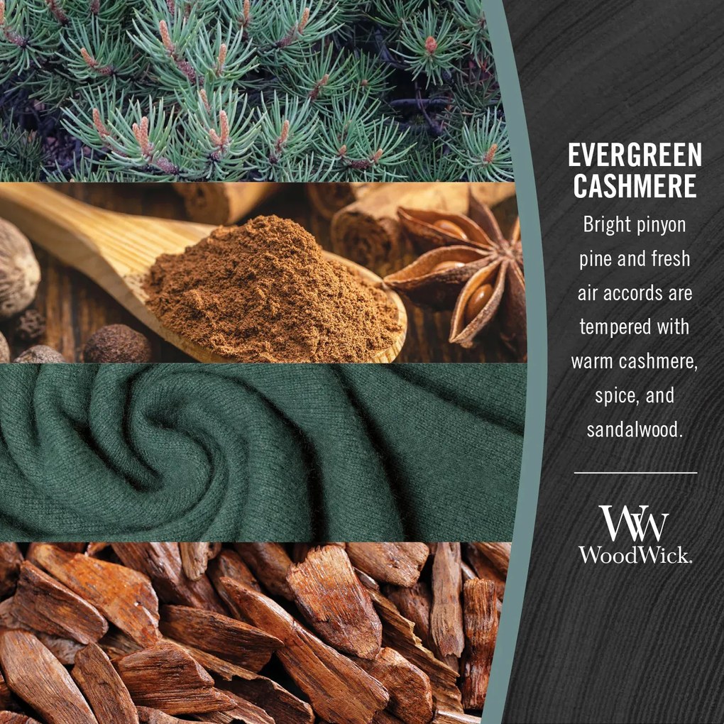 WoodWick – svíčka Evergreen Cashmere (Jehličí a kašmír) Velikost: střední 275 g