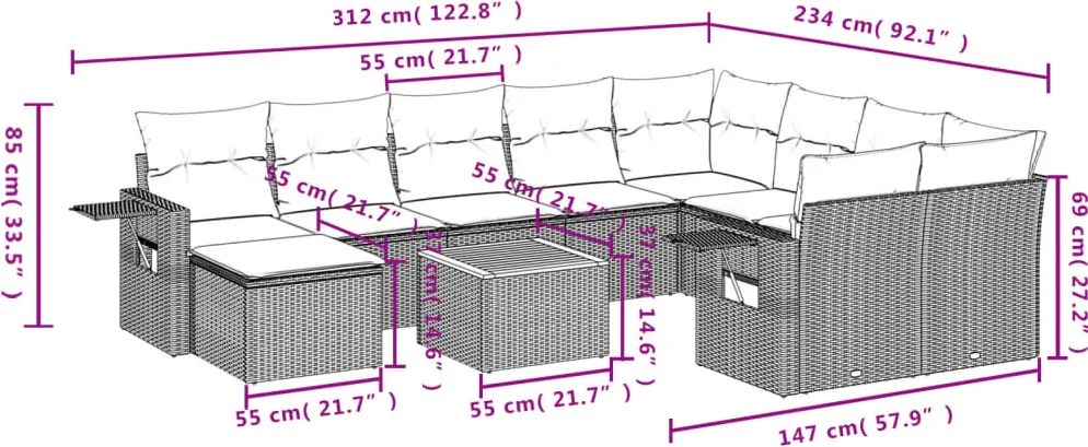 11dílná zahradní sedací souprava s poduškami černá polyratan 3257182