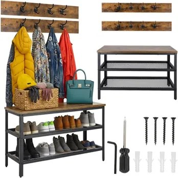 Botník s lavicí a věšákem RUHHY 27037 73 cm, industriální loft, hnědá deska