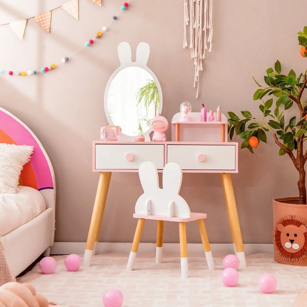 Costway Dětský toaletní set s designovým líčením králíka s masivními dřevěnými