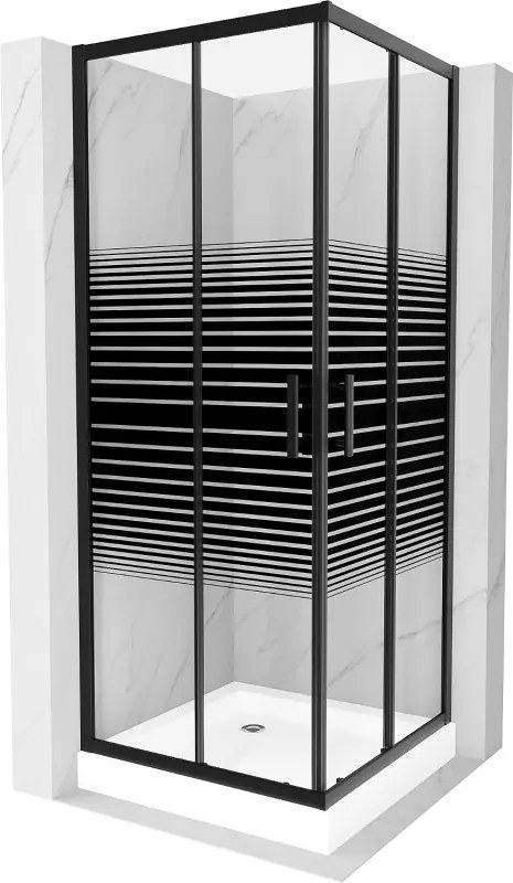 Mexen Rio, čtvercový sprchový kout s posuvnými dveřmi 70 (dveře) x 70 (dveře) x 190 cm, 5mm čiré sklo s pásky, černý profil + bílá sprchová vanička RIO, 860-070-070-70-20-4510