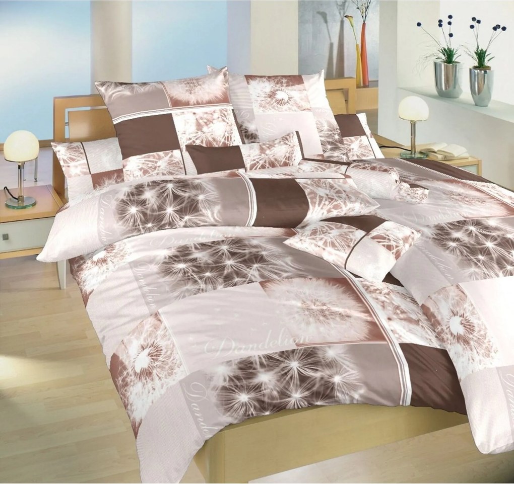 Povlečení krep Pampelišky 3D hnědé 140x200, 70x90 cm