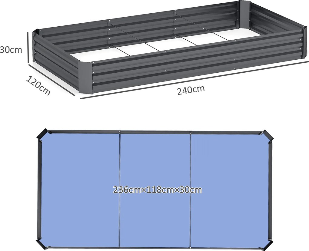 Outsunny Zahradní Truhlík, Obdélníkový Vyvýšený Záhon s Bezpečnostním Okrajem a Otevřeným Dnem, pro Květiny a Bylinky, 240 x 120 x 30 cm, Tmavě Šedý
