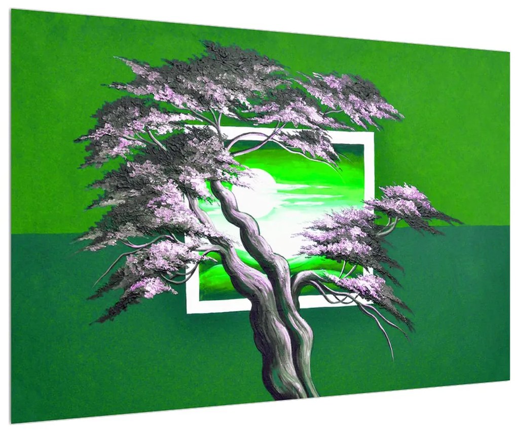 Zelený obraz stromu a východu slunce (90x60 cm)