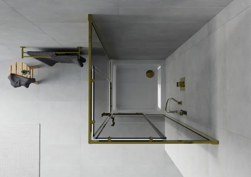 Mexen Rio, čtvercový sprchový kout s posuvnými dveřmi 80 (dveře) x 80 (dveře) x 190 cm, 5mm šedé sklo, zlatý profil + bílá sprchová vanička SLIM, 860-080-080-50-40-4010G
