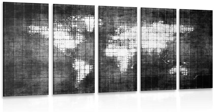5-dílný obraz svět na mapě v černobílém provedení - 200x100 cm