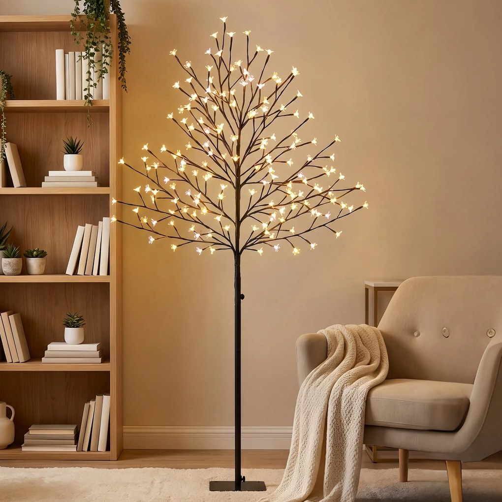 HOMCOM LED třešňový strom 150 cm s 160 LED diodami, umělý svítící stromek s 20 ohebnými větvemi, vánoční dekorace