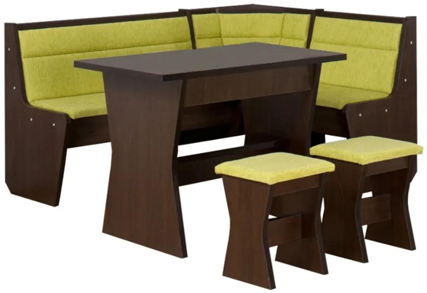 jídelní set Tempo Kondela Corner, lavice + stůl + 2x taburet, wenge / látka sv.zelená