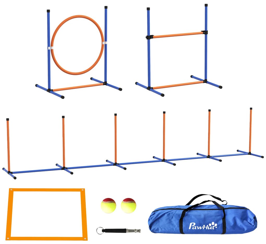 PawHut agility set pro psy se 4 výškově nastavitelnými agility překážkami, tyčemi, break boxem a skákacím kruhem pro efektivní výcvik psů