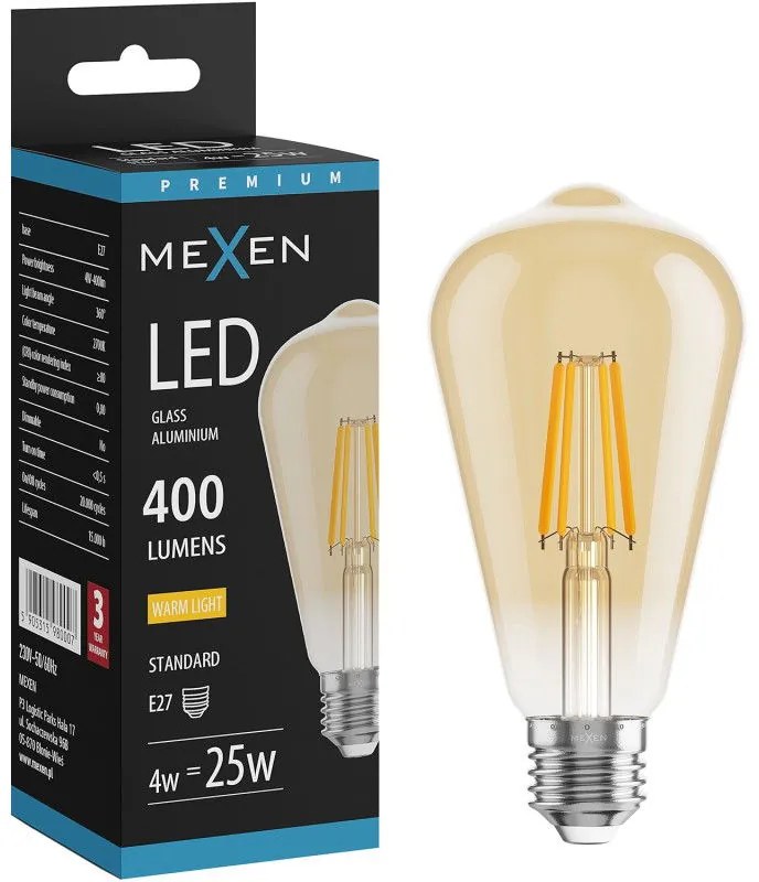 Mexen Vintis Žárovka filament LED E27, ST64, 4W, Teplá - 2200K, 400 lm, amber - L152-E27-0422-50