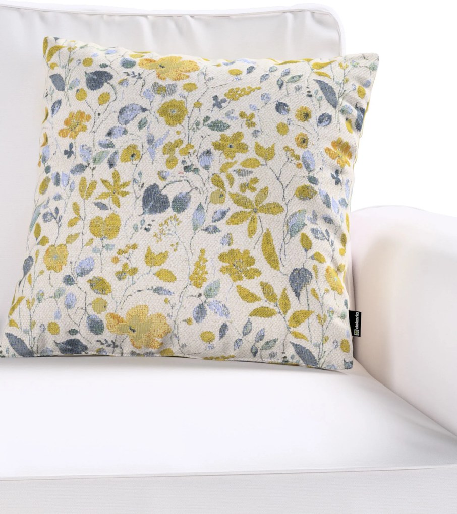 Věra - potah na polštář ozdobné bambulky po obvodu barva žlutá látka pletený vzor, vzorované