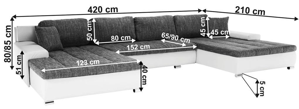 Kondela Univerzální sedací souprava, ekokůže bílá / látka šedý melír, TONIKS U UNI