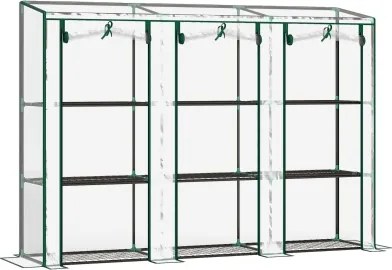 Outsunny Malý Skleník pro Exteriér se 3 Úrovněmi Polic, Sklopnými Zipovými Dveřmi a Ocelovým Rámem pro Pěstování Rostlin a Květin 215x46x151 cm Průhl…