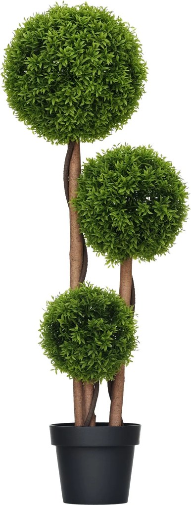 Umělý strom HOMCOM, Umělá rostlina, Zelený buxus se 3 koulí z bambusových listů, Včetně květináče, Pro vnitřní i venkovní použití, Výška 110 cm, Bez m