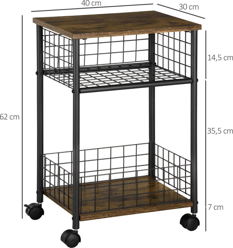 HOMCOM Kuchyňský vozík Servírovací vozík s pracovní deskou a 2 úložnými koši, otočná kolečka o 360°, rustikálně hnědý, 40x30x62 cm | Aosom.de