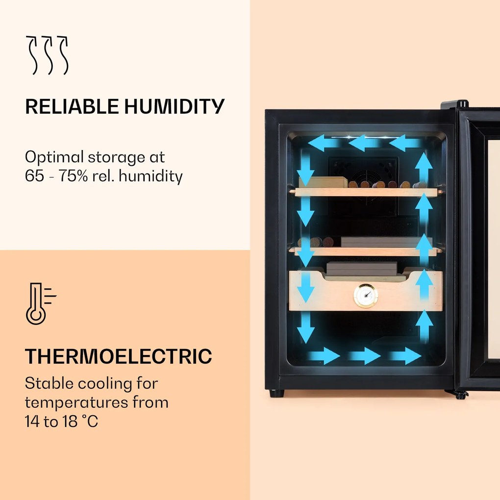 Klarstein El Presidente 37, humidor na doutníky, 37 l, 2 zásuvky, 1 přihrádka z cedrového dřeva