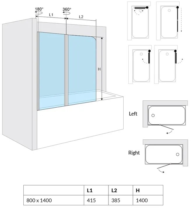 Santech 2-dílná vanová zástěna Axel 140x80 VZA2AX80L Orientace vany: Levá