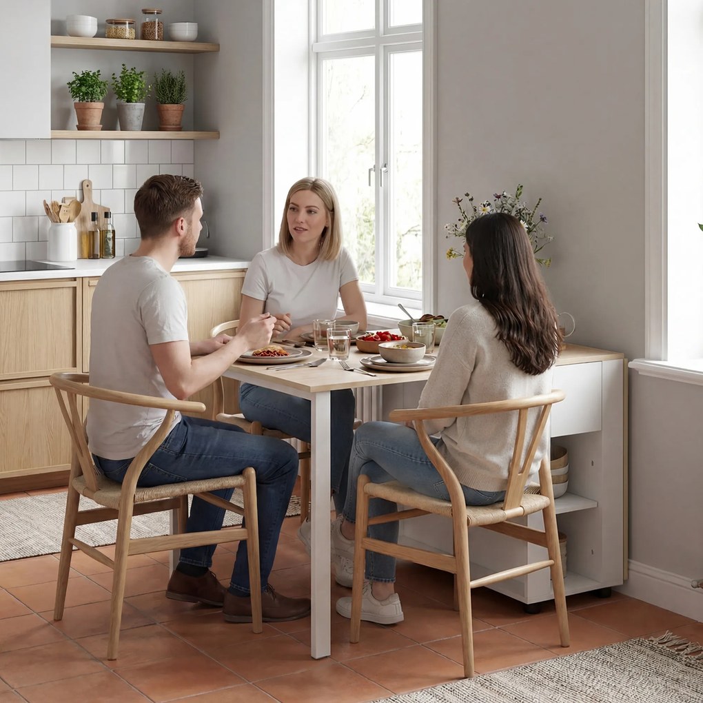 HOMCOM rozkládací jídelní stůl pro 6 osob, skládací kuchyňský stůl s výsuvnými deskami, zásuvkami a policemi, 168,2 x 85 x 73 cm, bílý