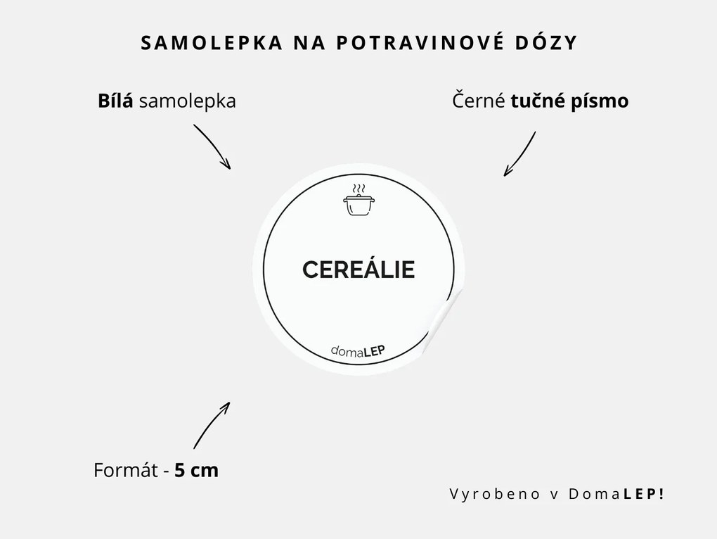 CEREÁLIE - omyvatelná samolepka na dózu, výběr rozměrů Ø 5 cm / 5 x 5 cm / 6 x 8 cm | DomaLEP tvar: OBDÉLNÍK, barva: BÍLÁ - ČERNÉ písmo, velikost: š. 6 cm x v. 8 cm – základní písmo