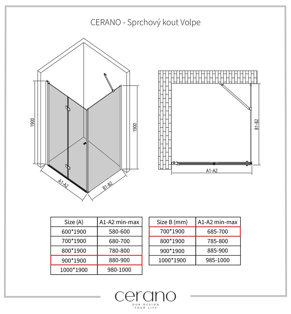 CERANO - Sprchový kout Volpe L/P - černá matná, transparentní sklo - 90x70 cm - skládací