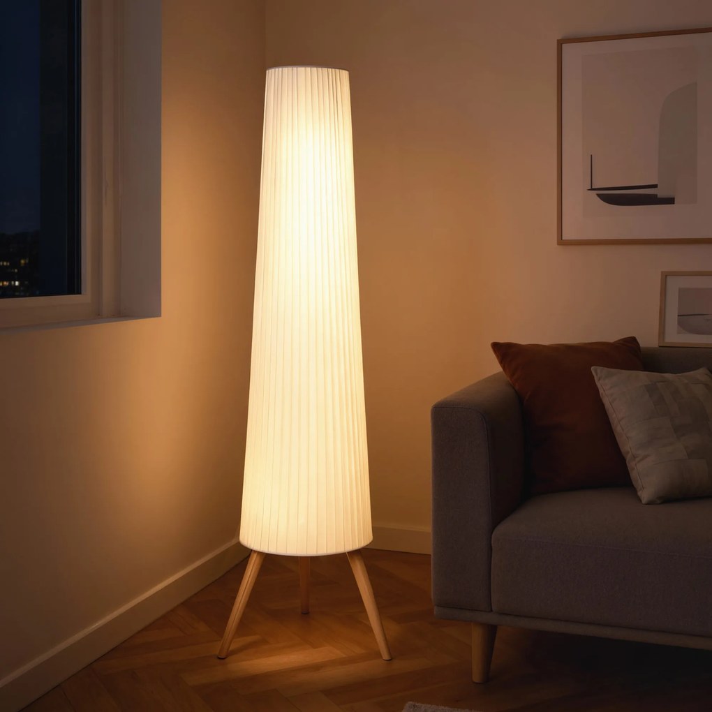 HOMCOM LED stojací lampa do obývacího pokoje stmívatelná dřevo s trojnožkou, stojací lampa s nožním spínačem, 46 x 153 cm, bílá