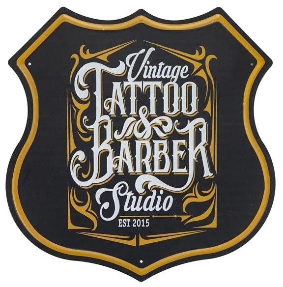 Kovová cedule ve tvaru štítu Tattoo&Barber