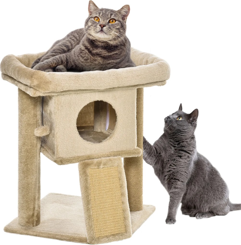 PawHut Škrabací sloup 57 cm Malý kočičí strom s kočičí jeskyní, odpočinkovou platformou, škrabacím panelem, hracím míčem, kočičí nábytek pro kočky do