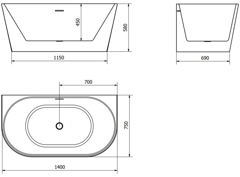 Mexen Oval, volně stojící nástěnná vana 140 x 75 cm, bílá, grafitový přepad, 52671407500-66