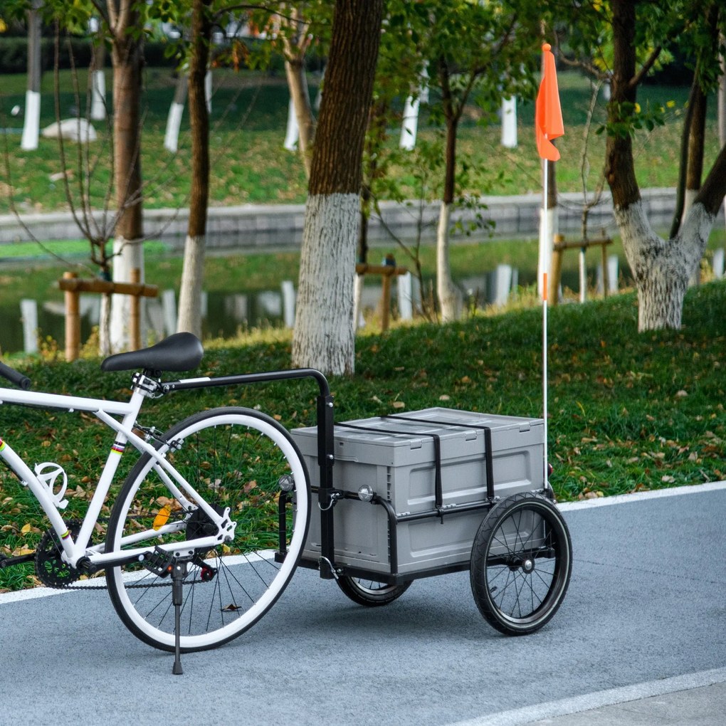 HOMCOM Cyklopřívěs s odnímatelným a skládacím úložným boxem 65L, bezpečnostními odrazkami a pneumatikami, maximální zatížení 40KG, šedý