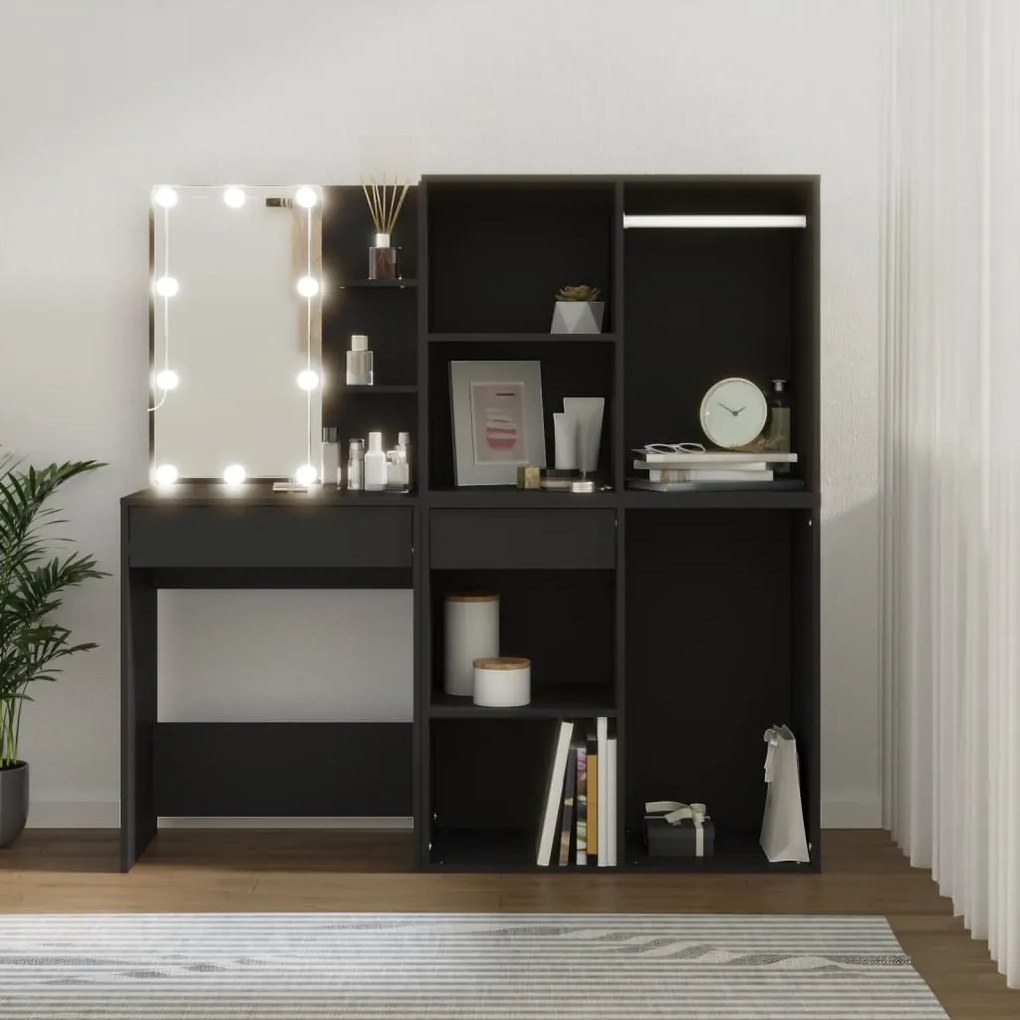 Led Toaletní Stolek Se Skříňkami Černý Kompozitní Dřevo