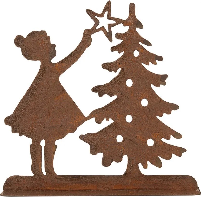 Rezavá vánoční dekorace dívka u stromečku Brocante rust - 14*5*14 cm