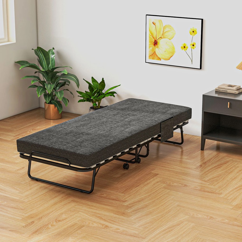 Skládací postel pro hosty HOMCOM s kolečky, 190x80 cm, 10 cm matrace, potah a boční taška, tmavě šedá, ideální do ložnice a na cesty