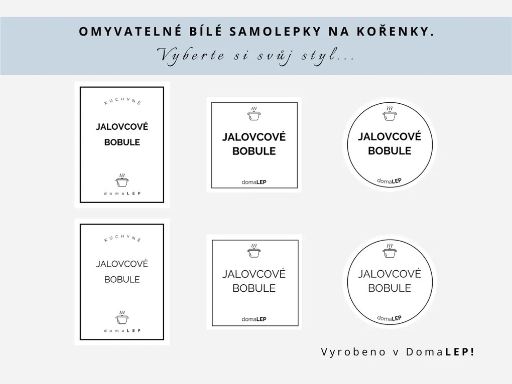 JALOVCOVÉ BOBULE - omyvatelná samolepka na kořenky, výběr rozměrů Ø 5 cm / 5 x 5 cm / 6 x 8 cm | DomaLEP tvar: KOLEČKO, barva: BÍLÁ - ČERNÉ písmo, velikost: Ø 5 cm - tučné písmo