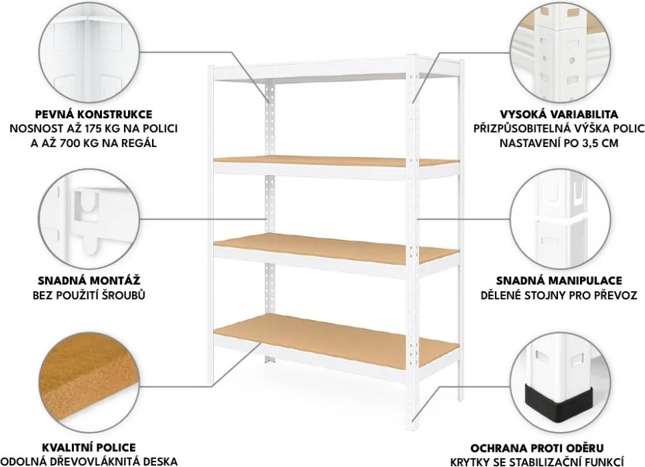 Regál 160x80x40 cm lakovaný 4-policový, nosnost 700 kg - bílý