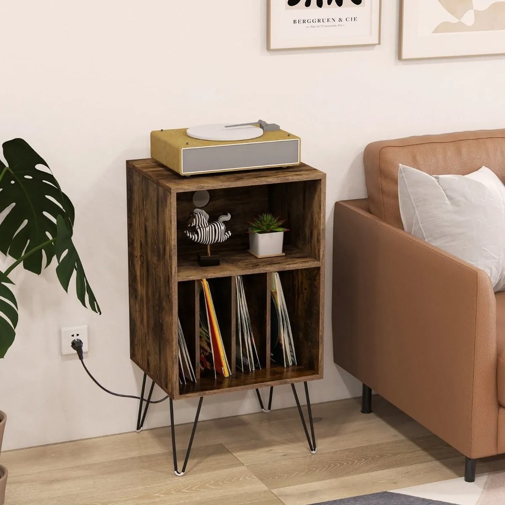 Costway Stojan na gramofon s nabíjecí stanicí 3 Stojan na gramofonové desky