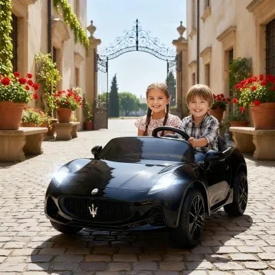 AIYAPLAY Dětské elektroauto Maserati, dvoumístné, 12V napájení z baterie, dálkové ovládání, LED světla, hudební funkce, černé