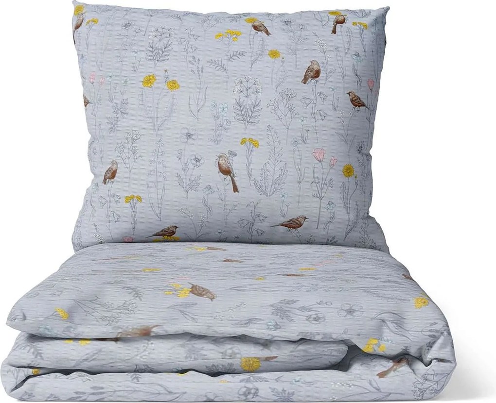 Krepové prodloužené povlečení Ptáčci v kvítí - světle modré Velikost: 140 x 220 + 70 x 90